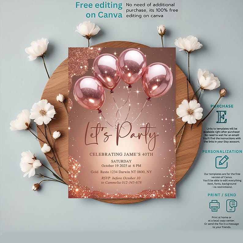 Rose Gold Invitation Template Rose Gold Birthday Invitation 40th, Rose ...