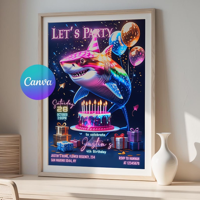 Neon Shark Birthday Invitation: Ocean Theme Canva Template (digital ...