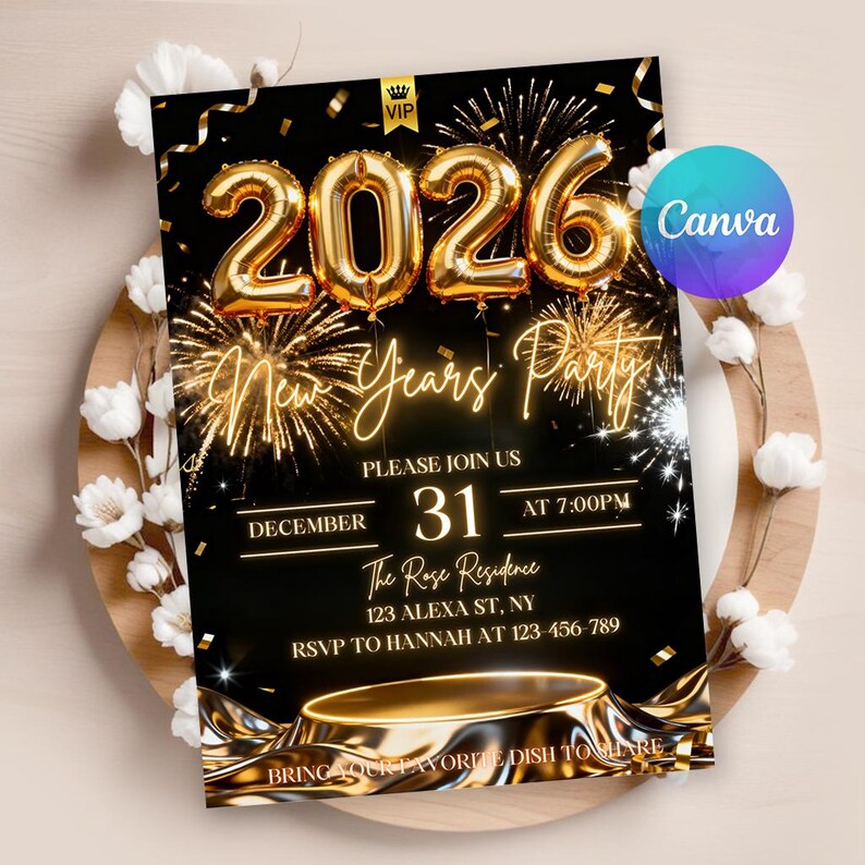 2026 New Year Party Invitation, Gold Balloon NYE Invite, New Year’s Eve ...