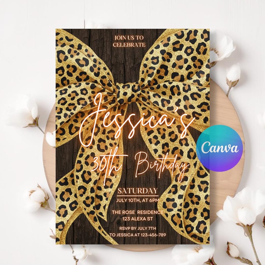 Printable Cheetah Birthday Invitation, Bow Coquette Party Invite, Bow ...
