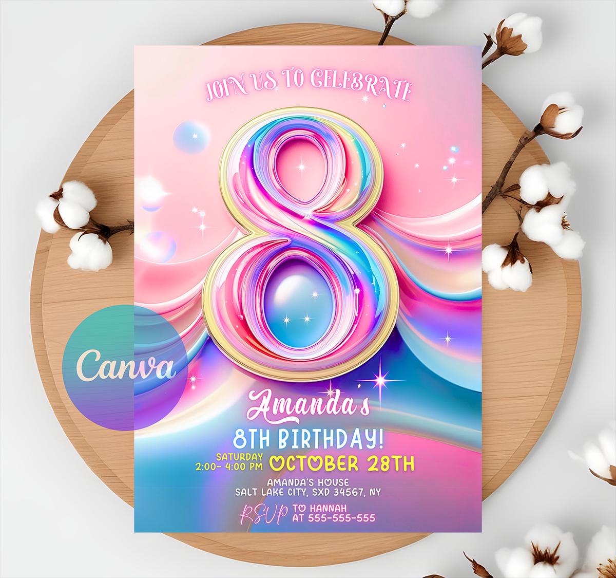 Editable Pink 8th Birthday Invitation: Rainbow Glitter Party (digital ...