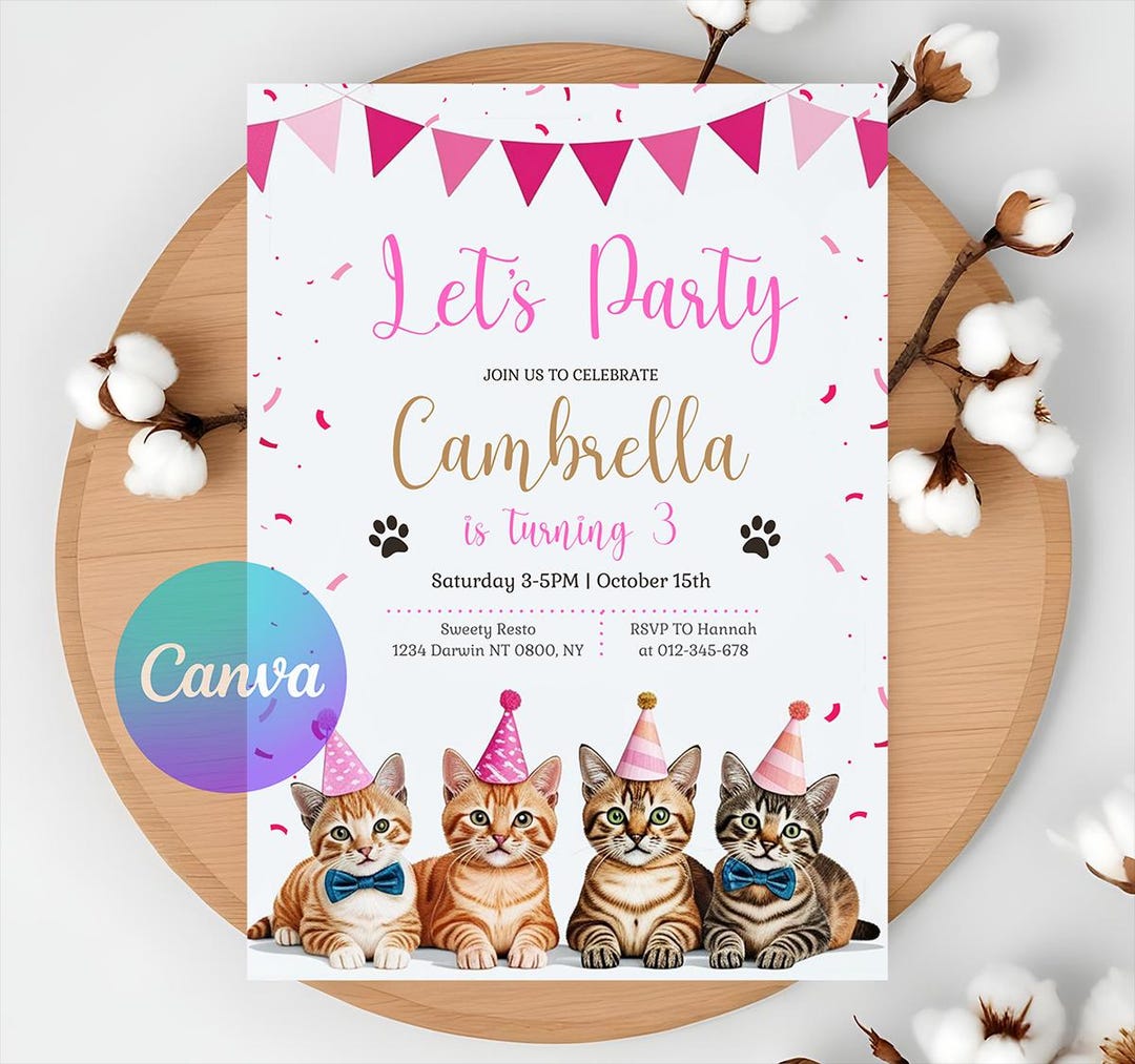 Editable Cat Themed Birthday Invitation, Cat Birthday Card, Cat ...