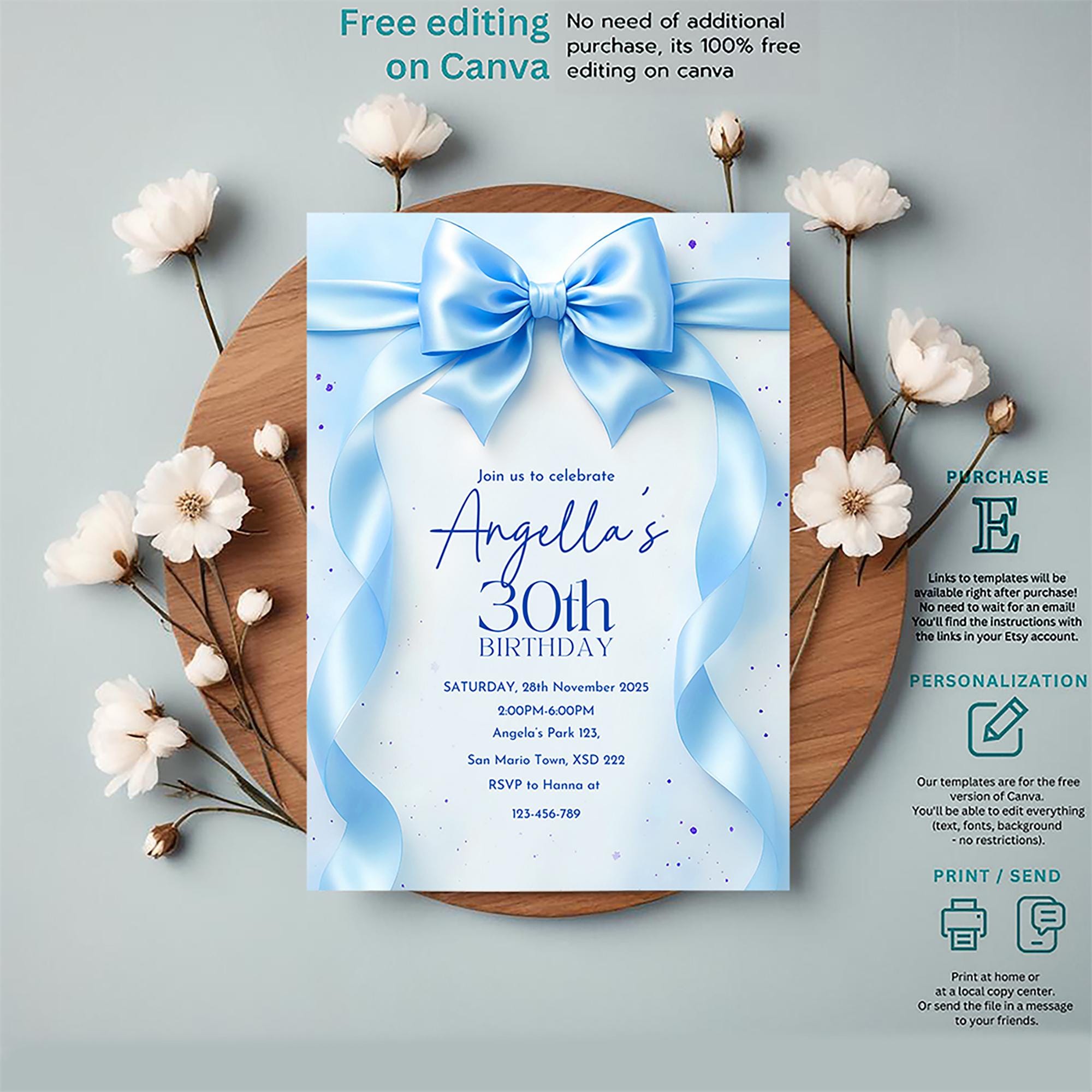 30th Birthday Invite - Hand Drawn Blue Bow Invitation! Elegant Coquette ...