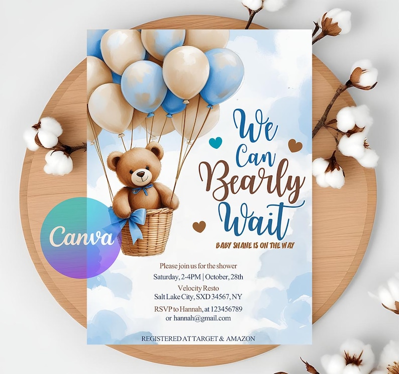 Blue Boy Boho Bear Baby Shower Invite, Bear Baby Shower Invitation, We ...