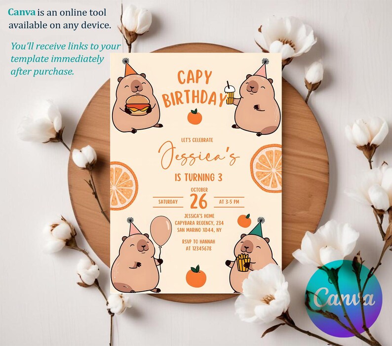Capybara Invitation , Capybara Birthday Card, Capy Birthday, Kawaii ...