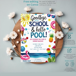 Goodbye School Hello Pool Invitation Template: Editable Summer Party ...