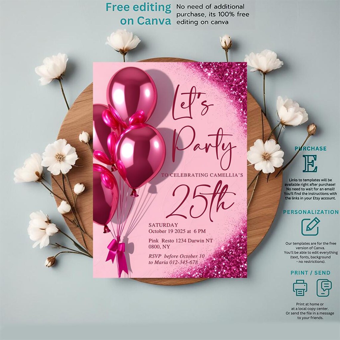 Digital Let's Party Pink Glitter Balloons Birthday Party Invitation ...
