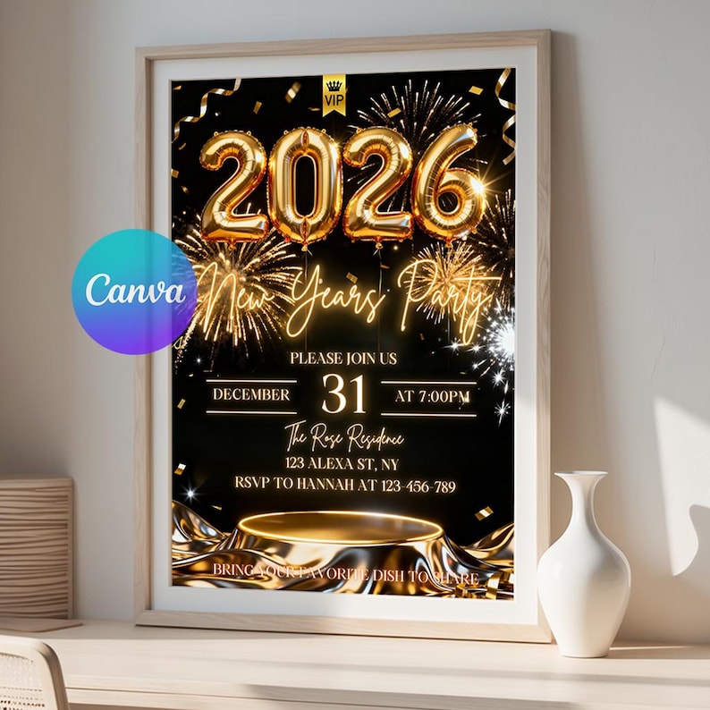 2026 New Year Party Invitation, Gold Balloon NYE Invite, New Year’s Eve ...