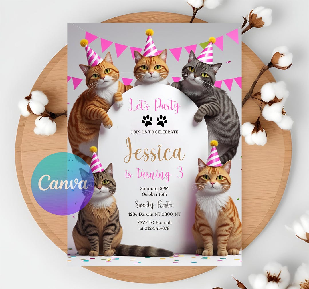 Cat Party Invitation, Cat Birthday Invitation, Cat Invitation Template ...