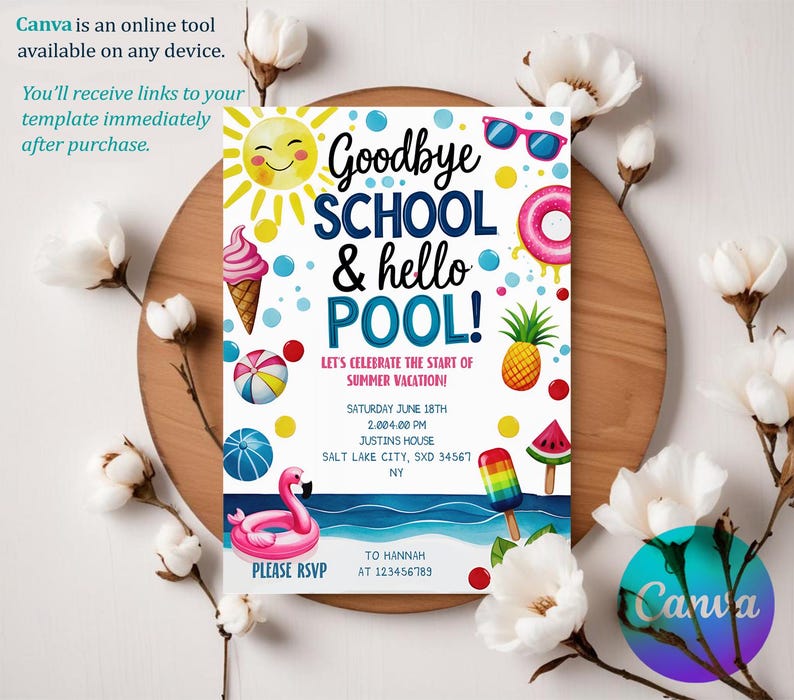 Goodbye School Hello Pool Invitation Template: Editable Summer Party ...
