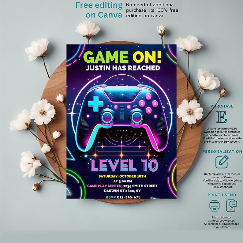 Editable Video Game Birthday Invitation, Neon Game on Level up Gaming ...