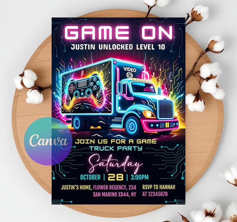 Video Game Birthday Invitation Digital Download Video Game Truck ...