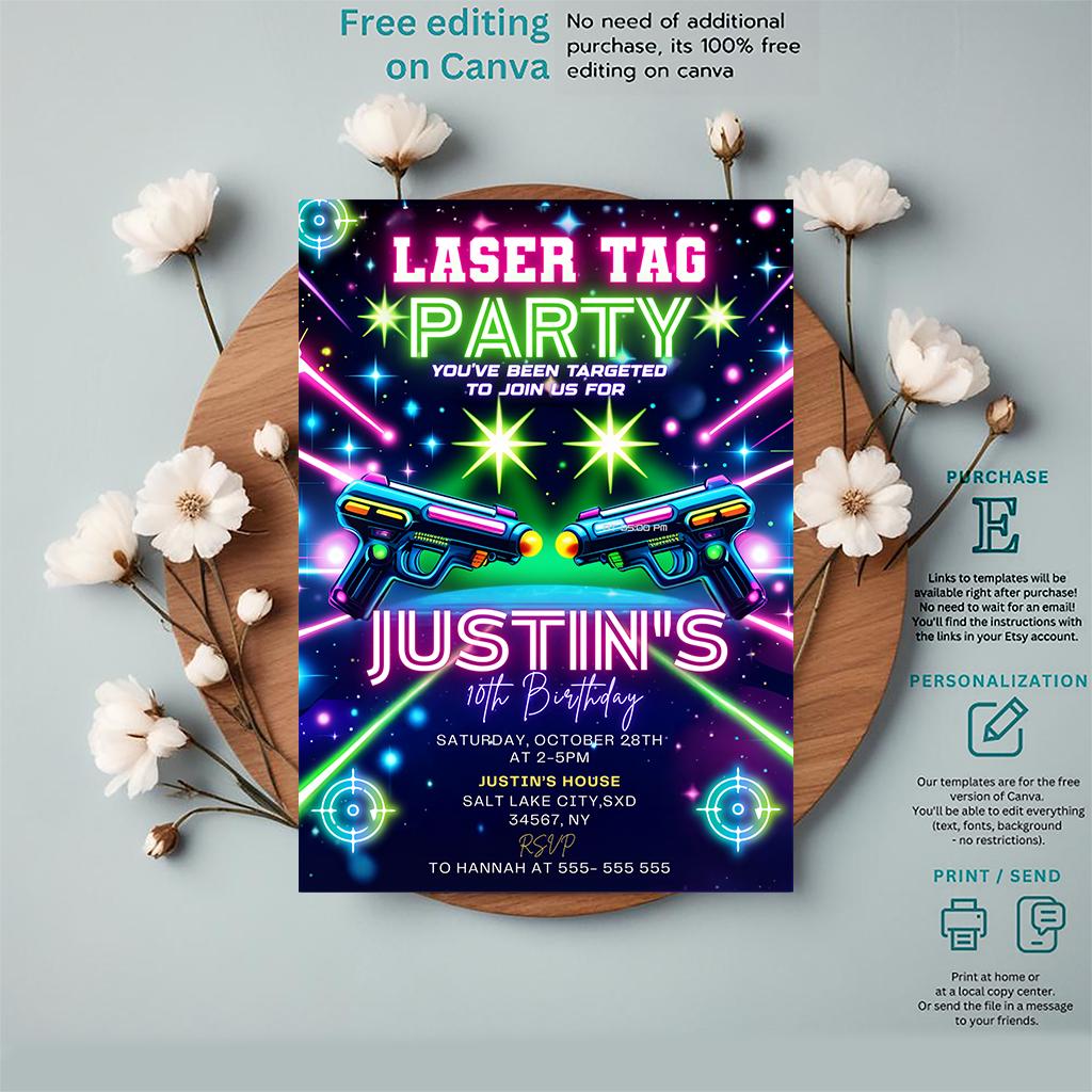 Laser Tag Birthday Invitation, Laser Tag Party Invite Template, Neon ...