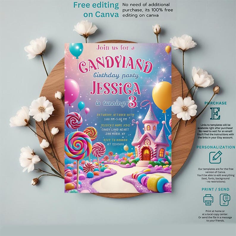 Editable Candy Land Birthday Invitation: Sweet Celebration (canva ...