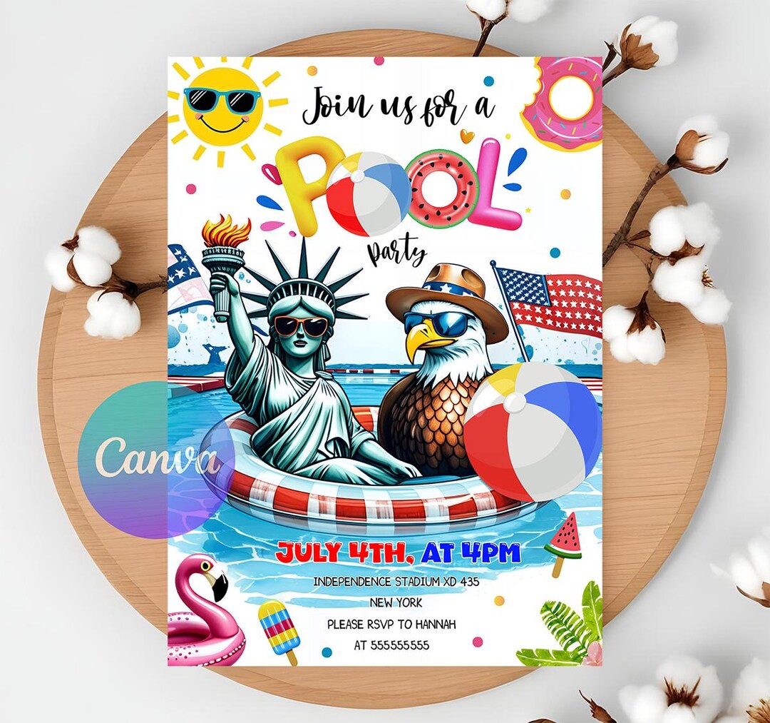Editable Independence Day Pool Party Patriotic, 4th of July Pool Party Invitation Invite ...