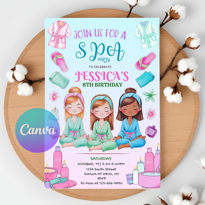 Editable Spa Party Invitation, Birthday Spa Celebration for Girls, Tween Spa Birthday Invite ...