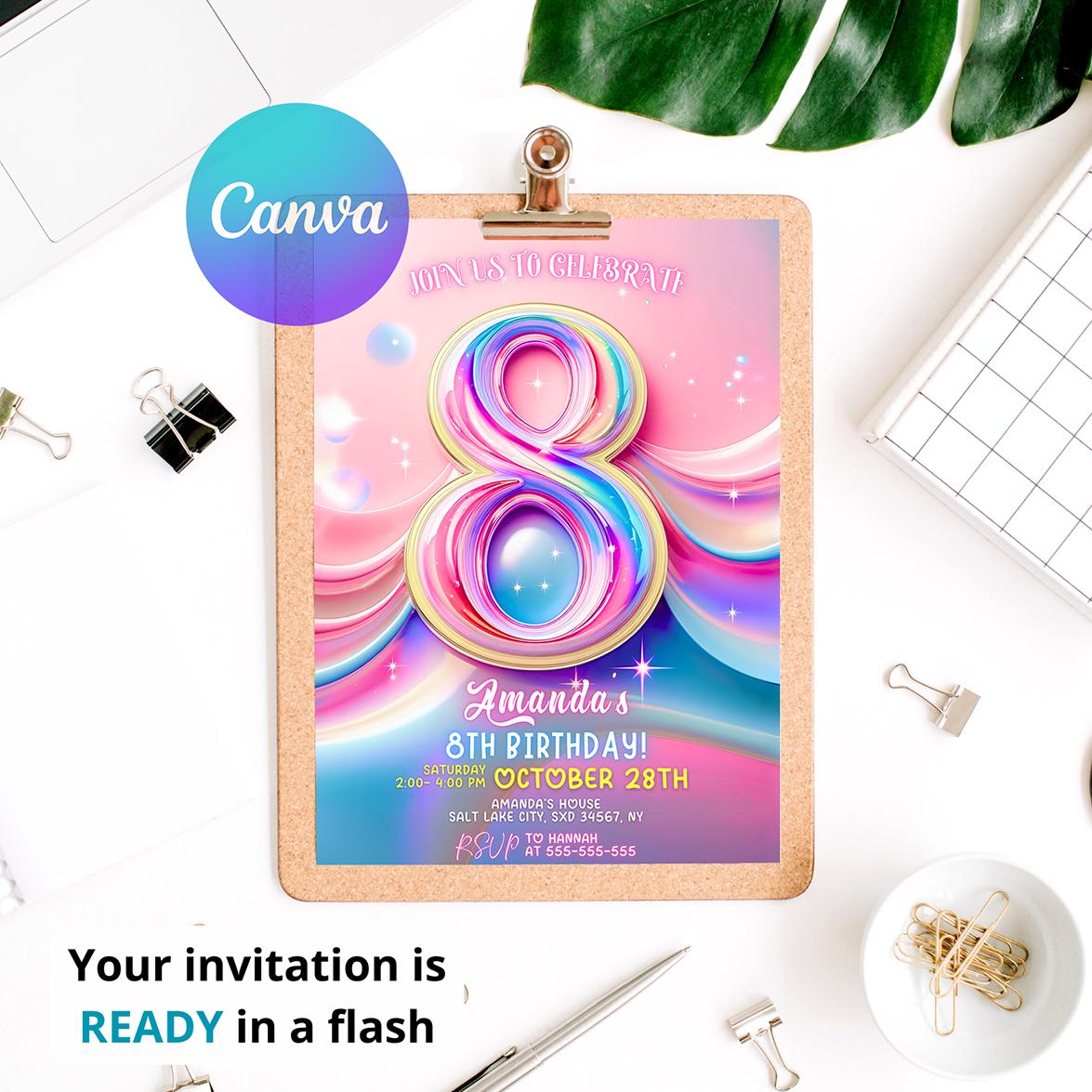 Editable Pink 8th Birthday Invitation: Rainbow Glitter Party (digital ...