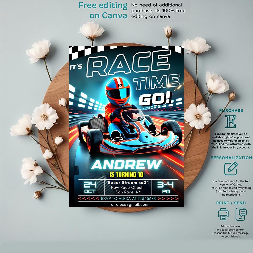 Neon Go Kart Birthday Party Invitation: Editable Canva Template ...