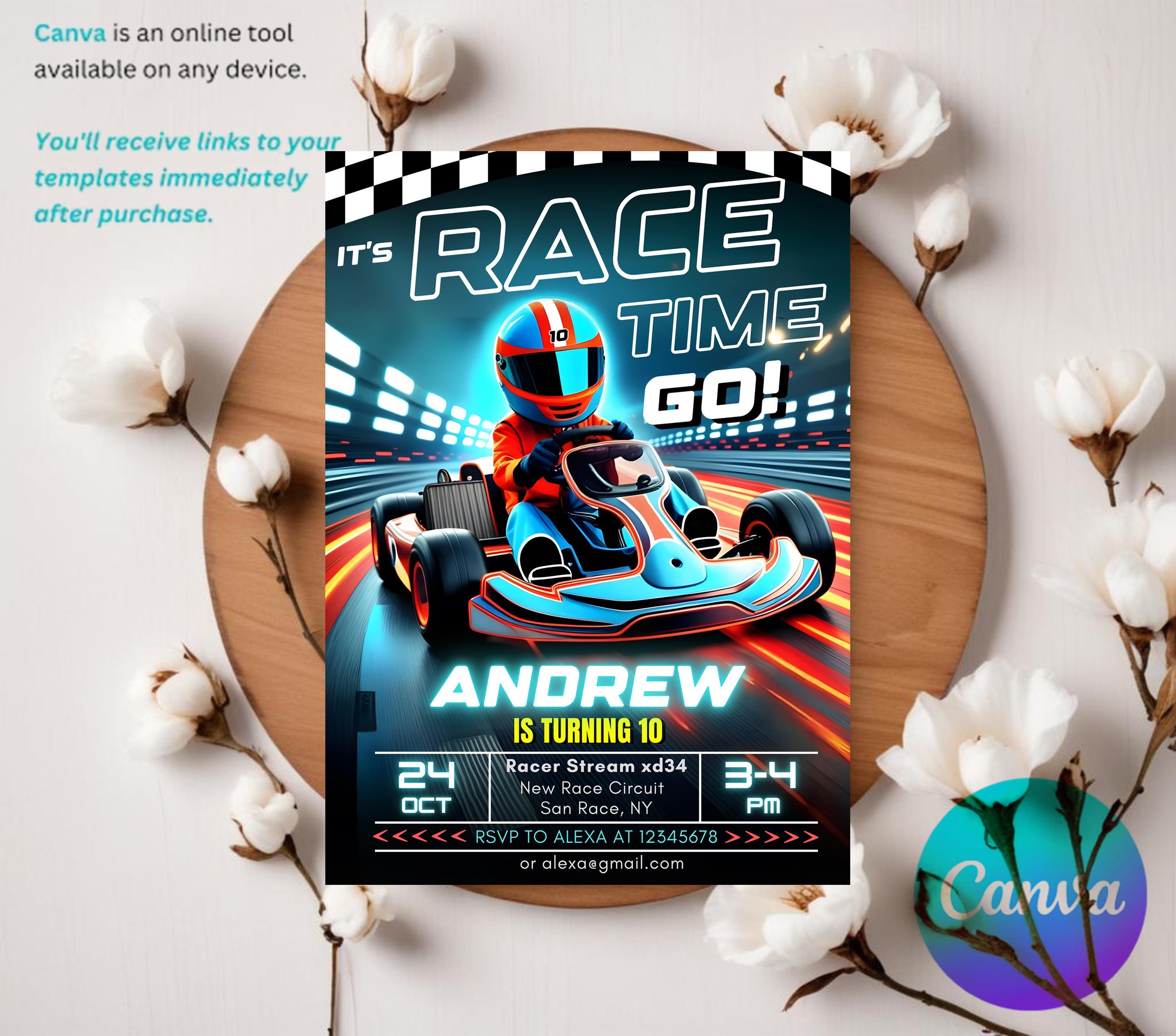 Neon Go Kart Party Invitation, Any Age Go Kart Racing Invite , Go-kart ...