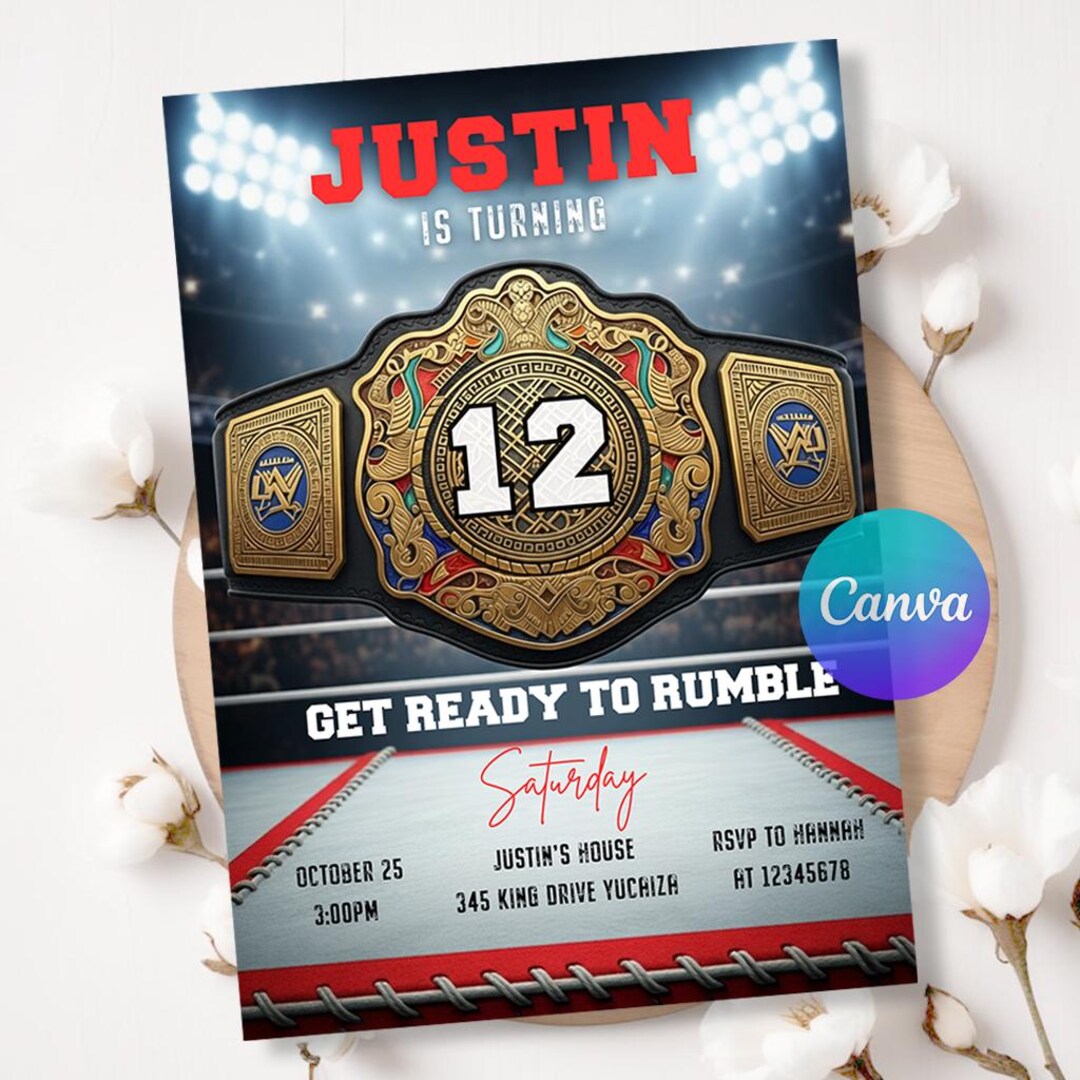 Wrestling Birthday Invitation: Editable Championship Belt Template ...