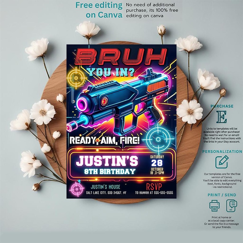 Dart Gun Birthday Invitation Template Dart Party Instant Download, Dart ...