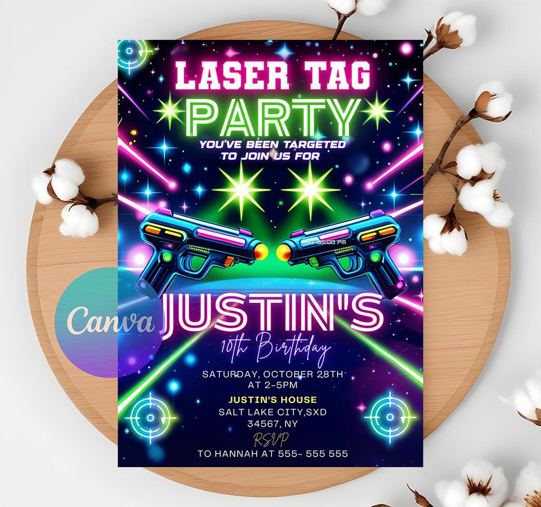 Laser Tag Birthday Invitation, Laser Tag Party Invite Template, Neon ...