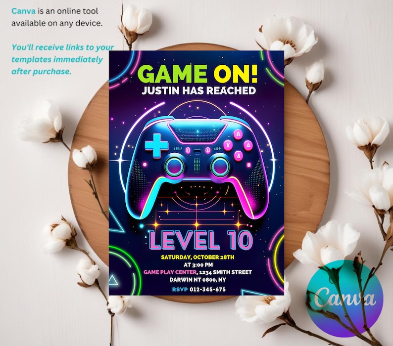 Editable Video Game Birthday Invitation, Neon Game on Level up Gaming ...