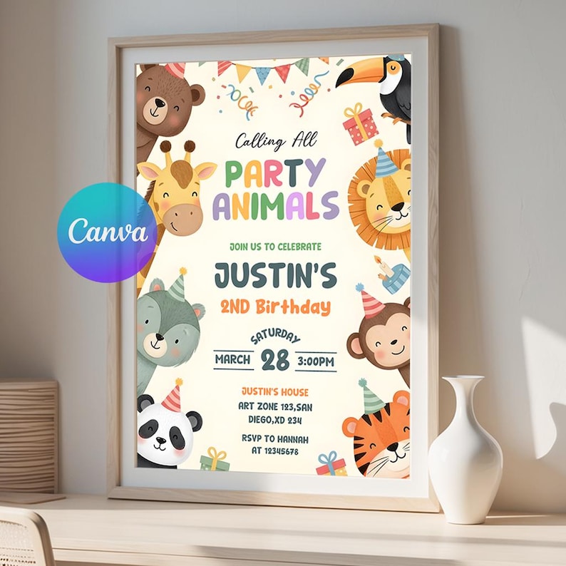 Playful Animal Birthday Invitation, Editable Canva Template - Etsy