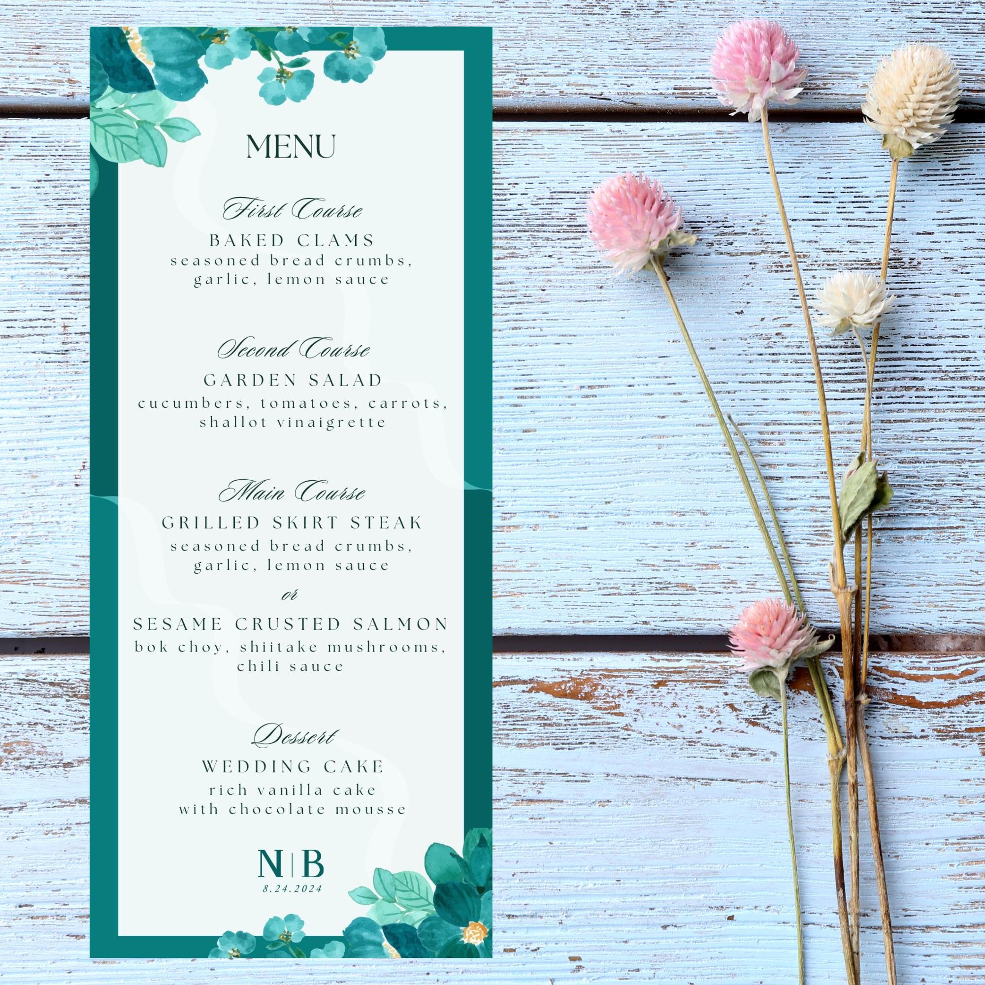 Custom Wedding Menu Card, Personalized Printable Wedding Menu Cards ...