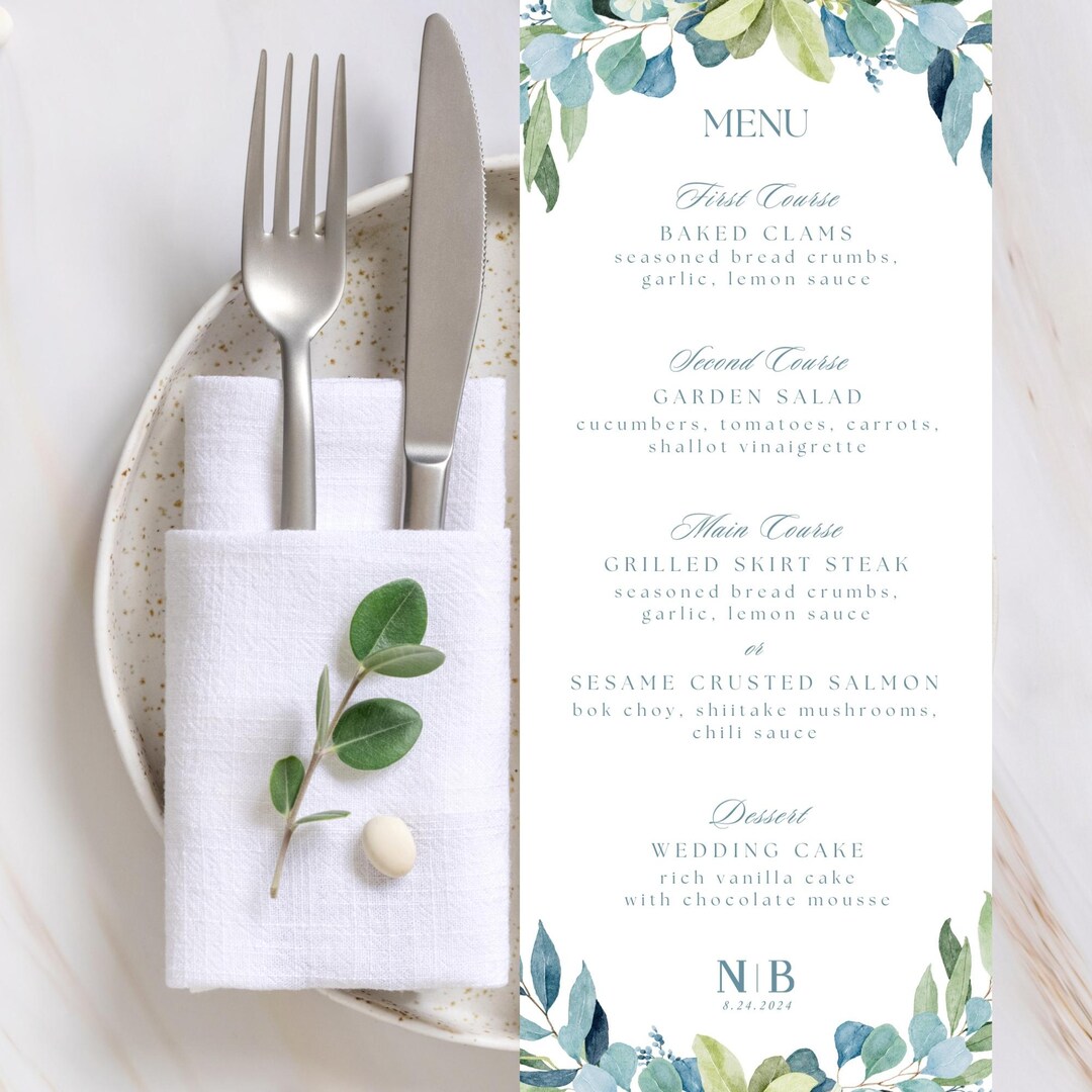 Custom Wedding Menu Card, Personalized Printable Wedding Menu Cards ...
