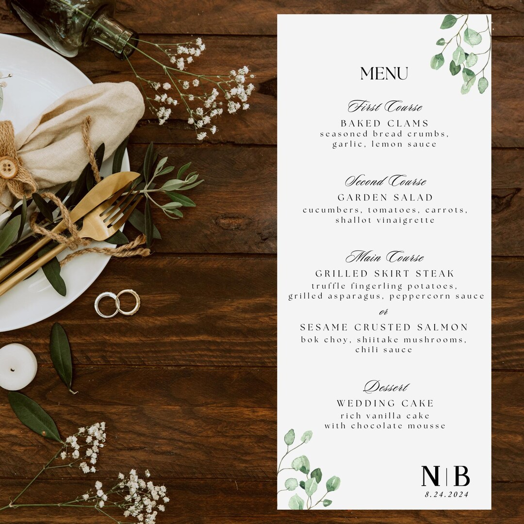 Custom Wedding Menu Card, Personalized Printable Wedding Menu Cards ...