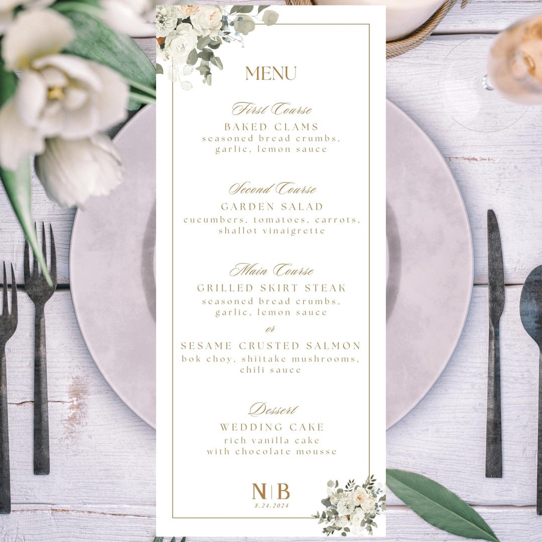 Custom Wedding Menu Card, Personalized Printable Wedding Menu Cards ...