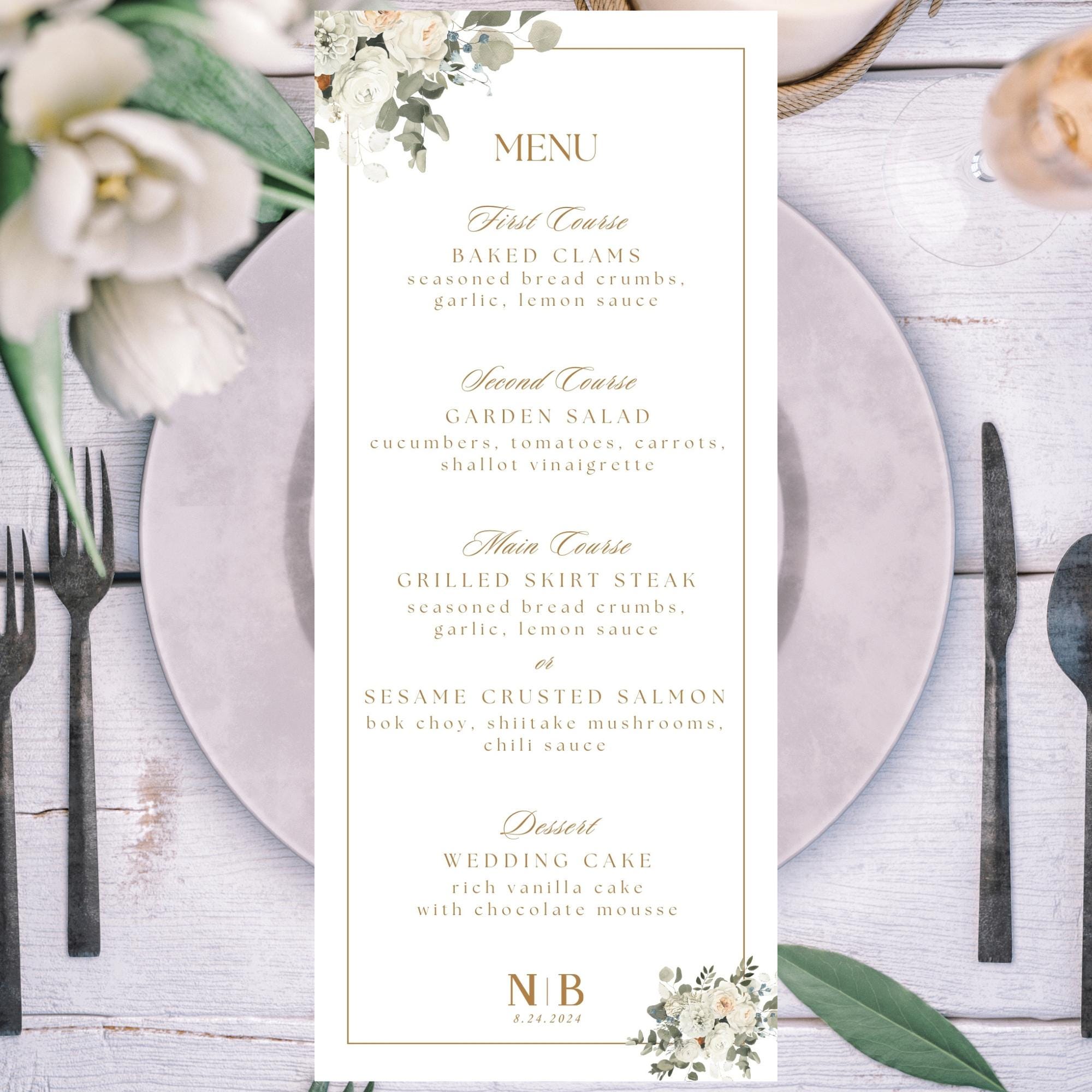 Custom Wedding Menu Card, Personalized Printable Wedding Menu Cards ...