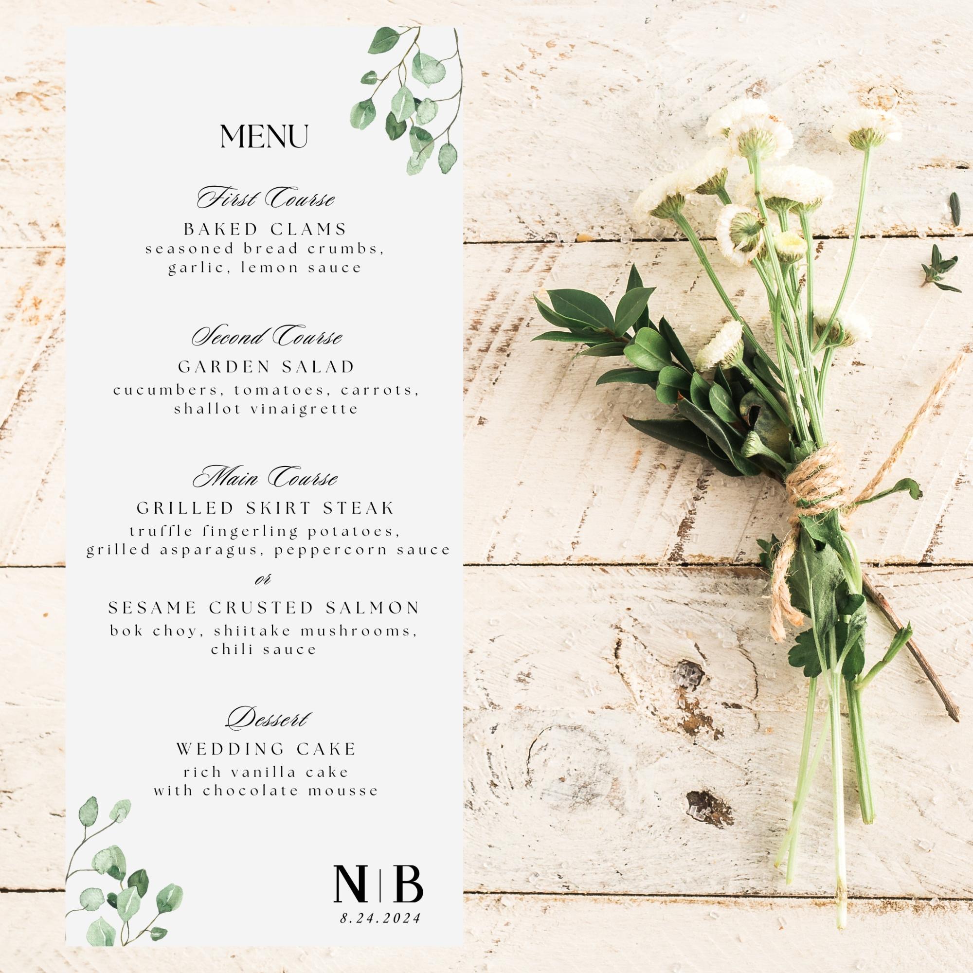 Custom Wedding Menu Card, Personalized Printable Wedding Menu Cards ...