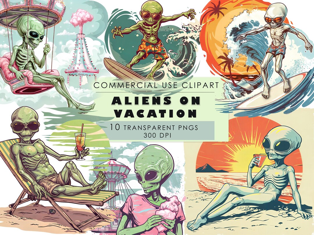 Aliens on Vacation Clipart: Funny UFO PNG Bundle (commercial Use) - Etsy