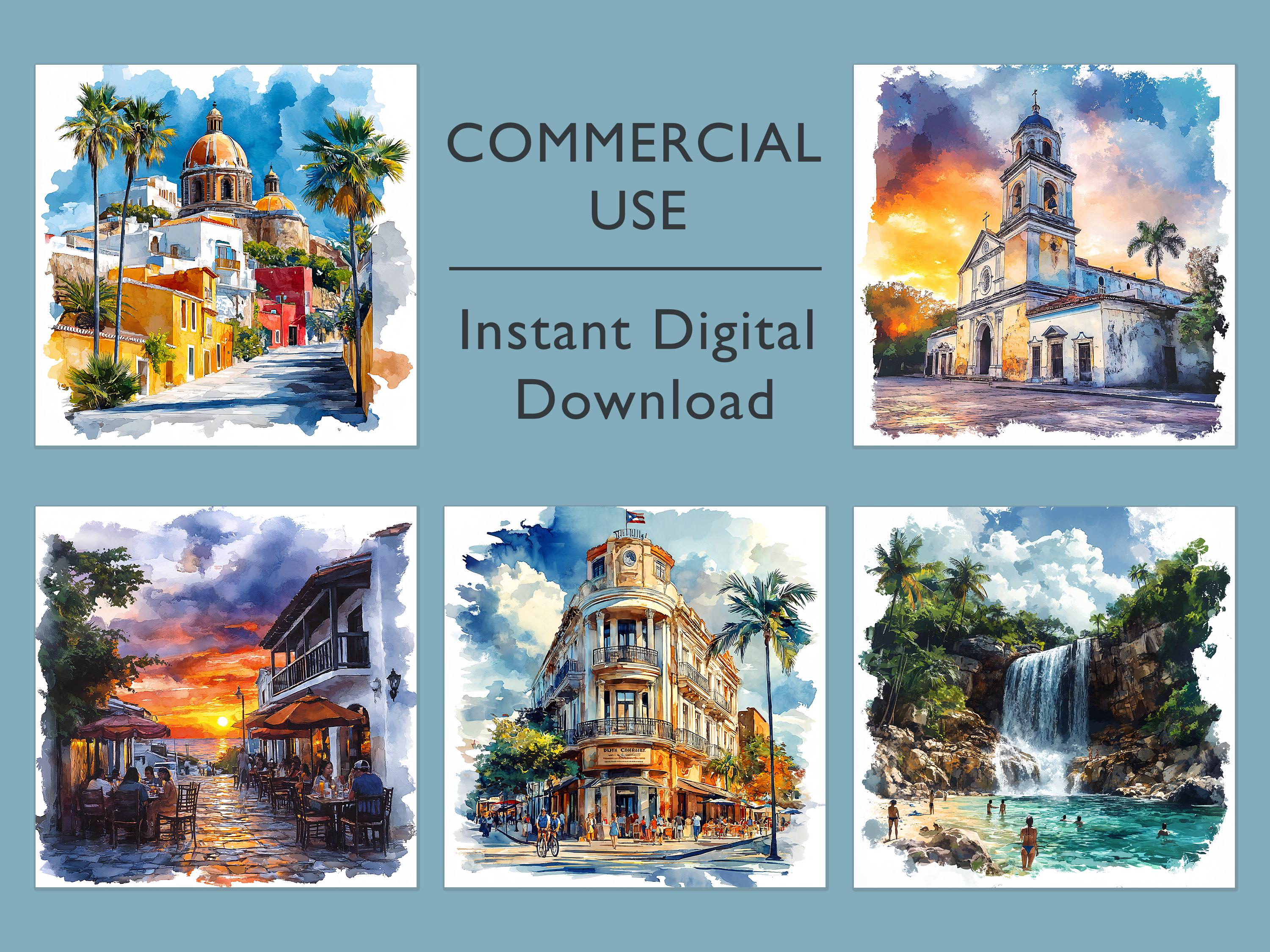 Watercolor Puerto Rico Clipart: San Juan Coastal City PNG Bundle ...