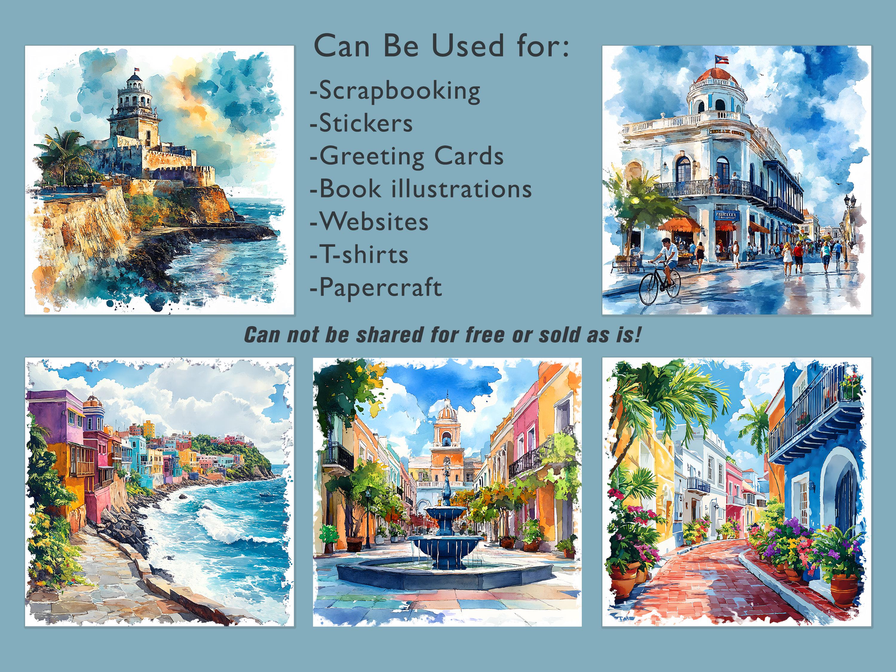 Watercolor Puerto Rico Clipart: San Juan Coastal City PNG Bundle ...