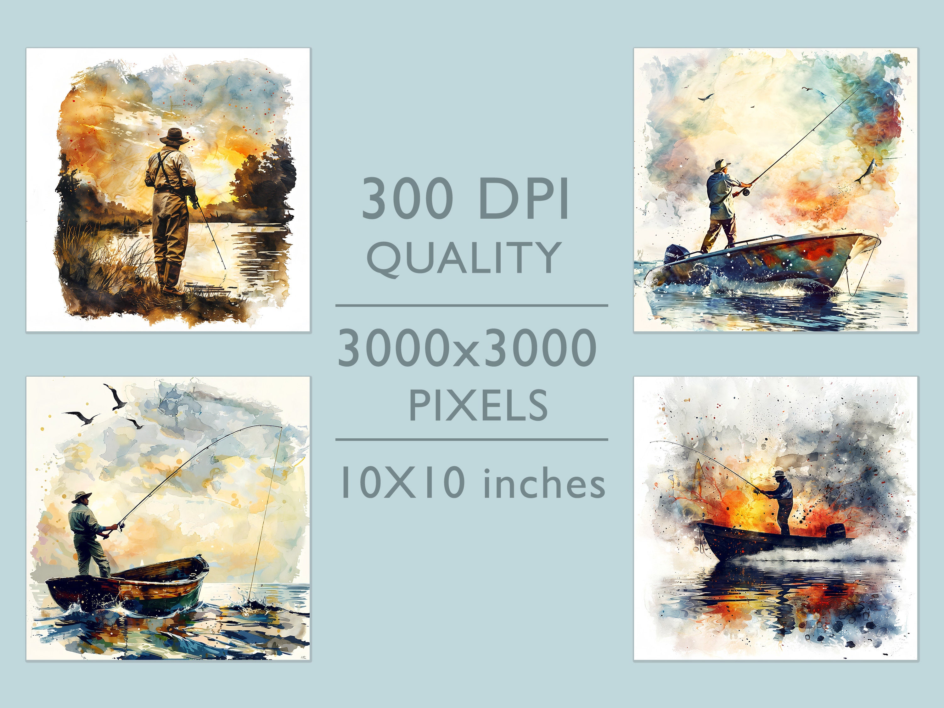 Watercolor Fishing Clipart: Angler PNG Bundle, Commercial Use (digital ...