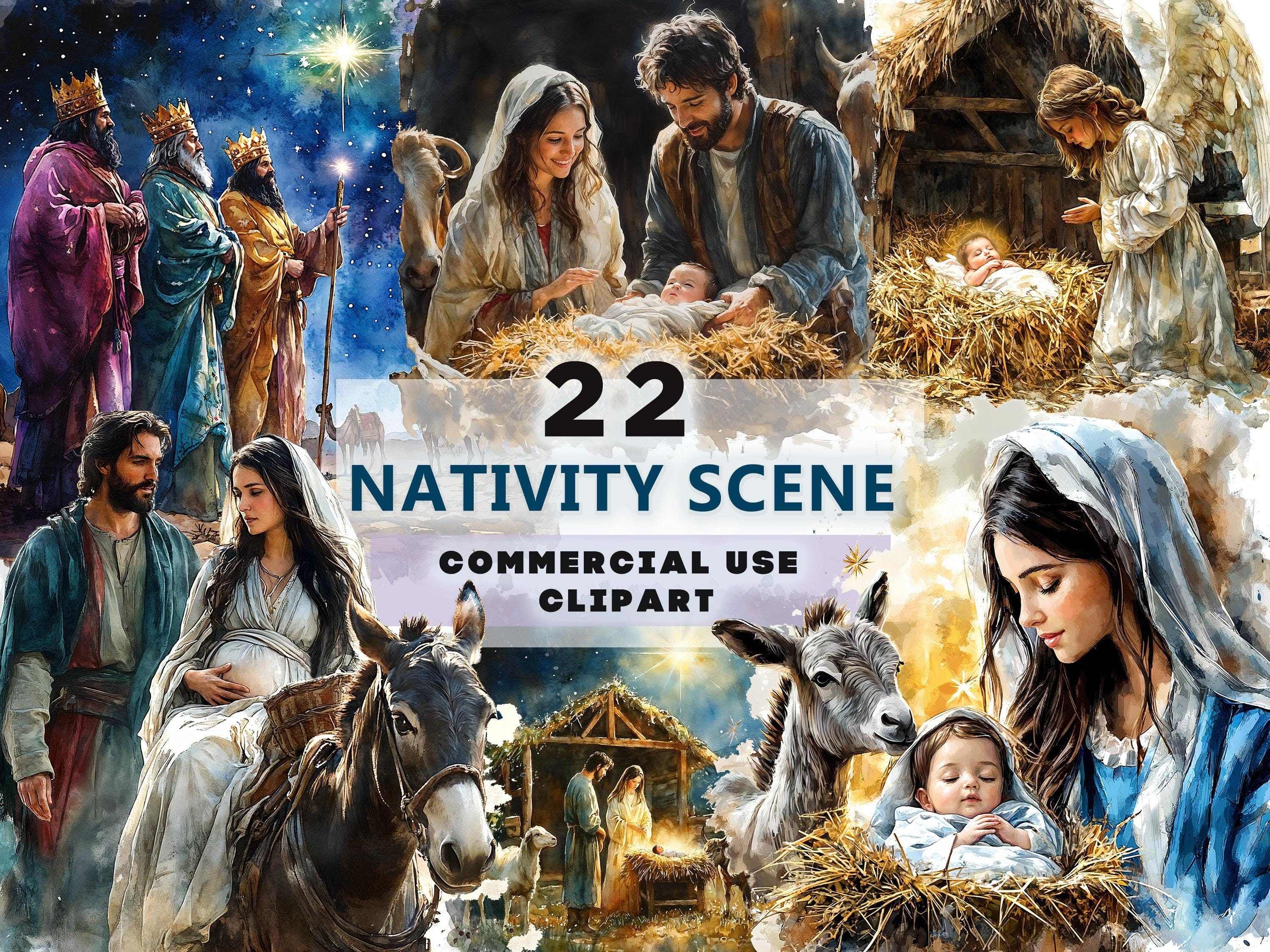 Watercolor Nativity Scene Clipart: 22 PNG Christmas Manger (commercial ...