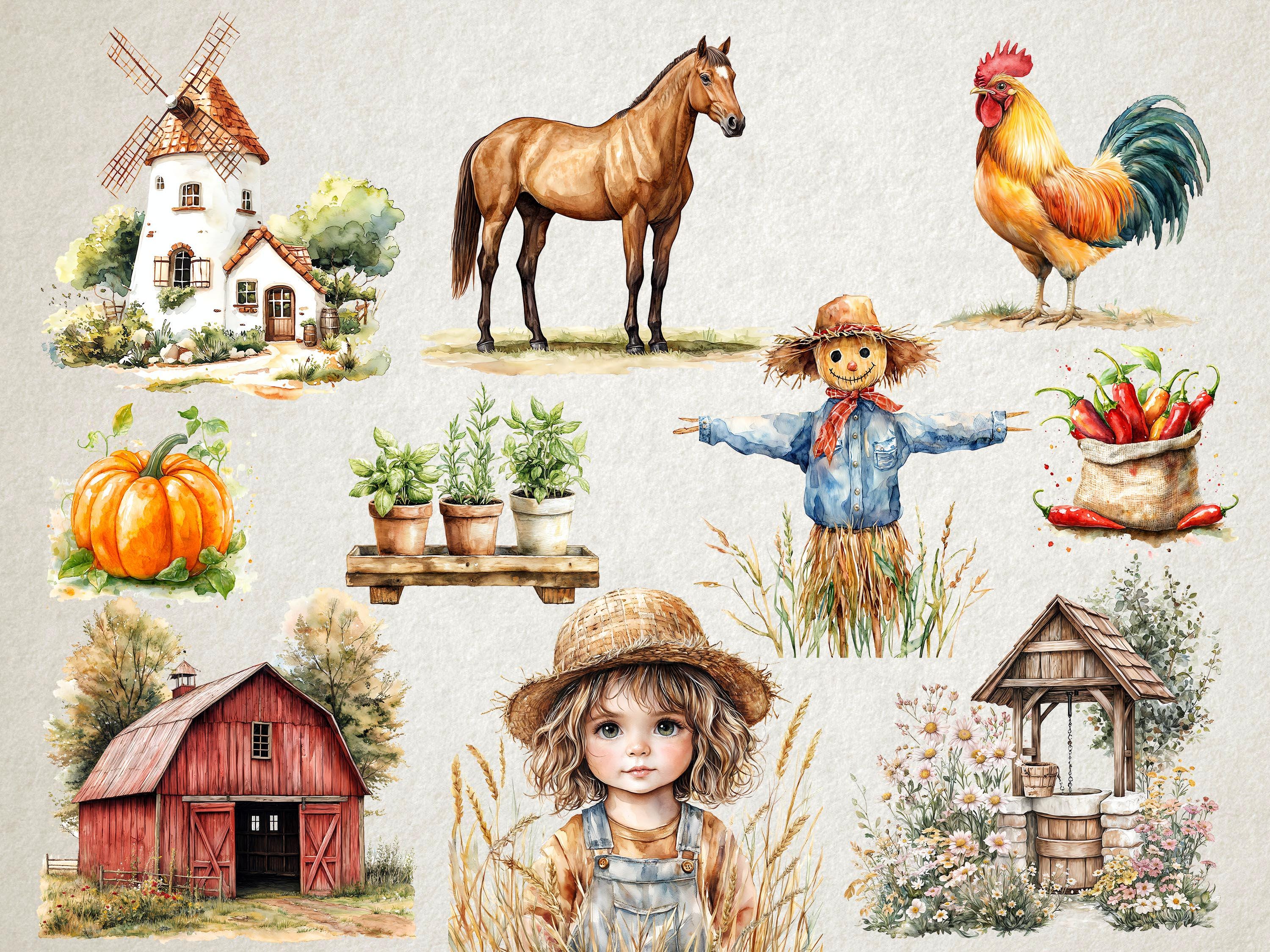 Watercolor Farm Animal Clipart: Farm Landscapes, AI Illustration ...