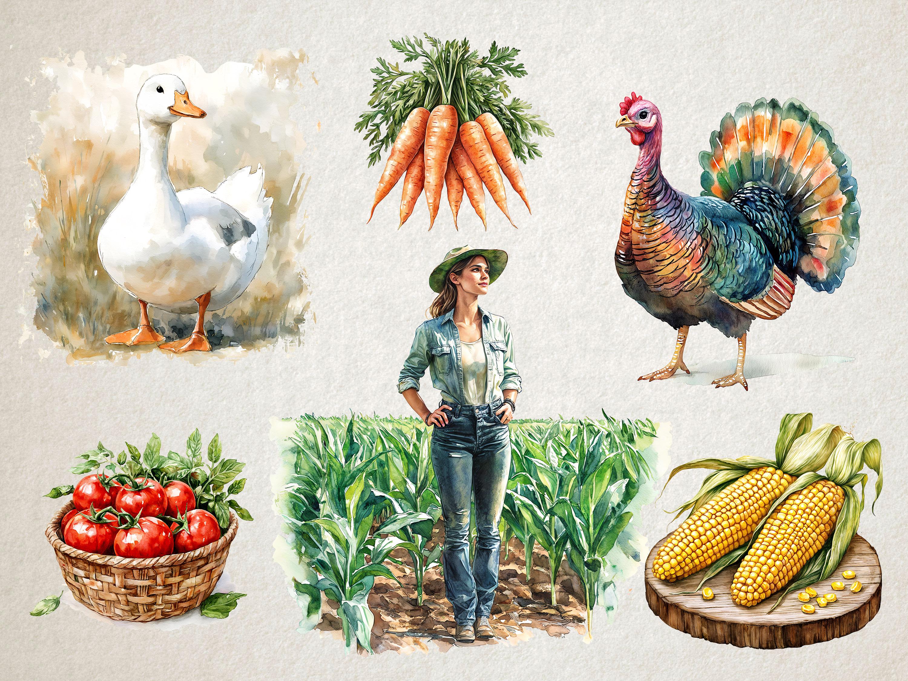 Watercolor Farm Animal Clipart: Farm Landscapes, AI Illustration ...