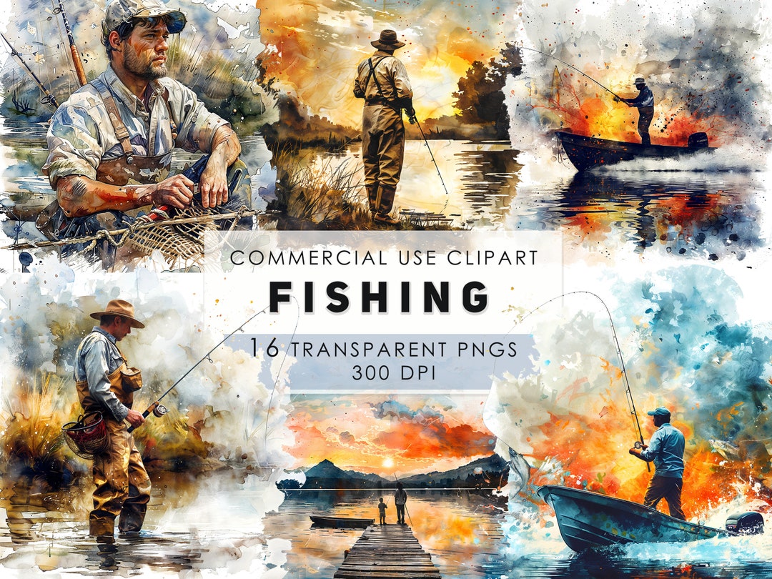 Watercolor Fishing Clipart: Angler PNG Bundle, Commercial Use (digital ...