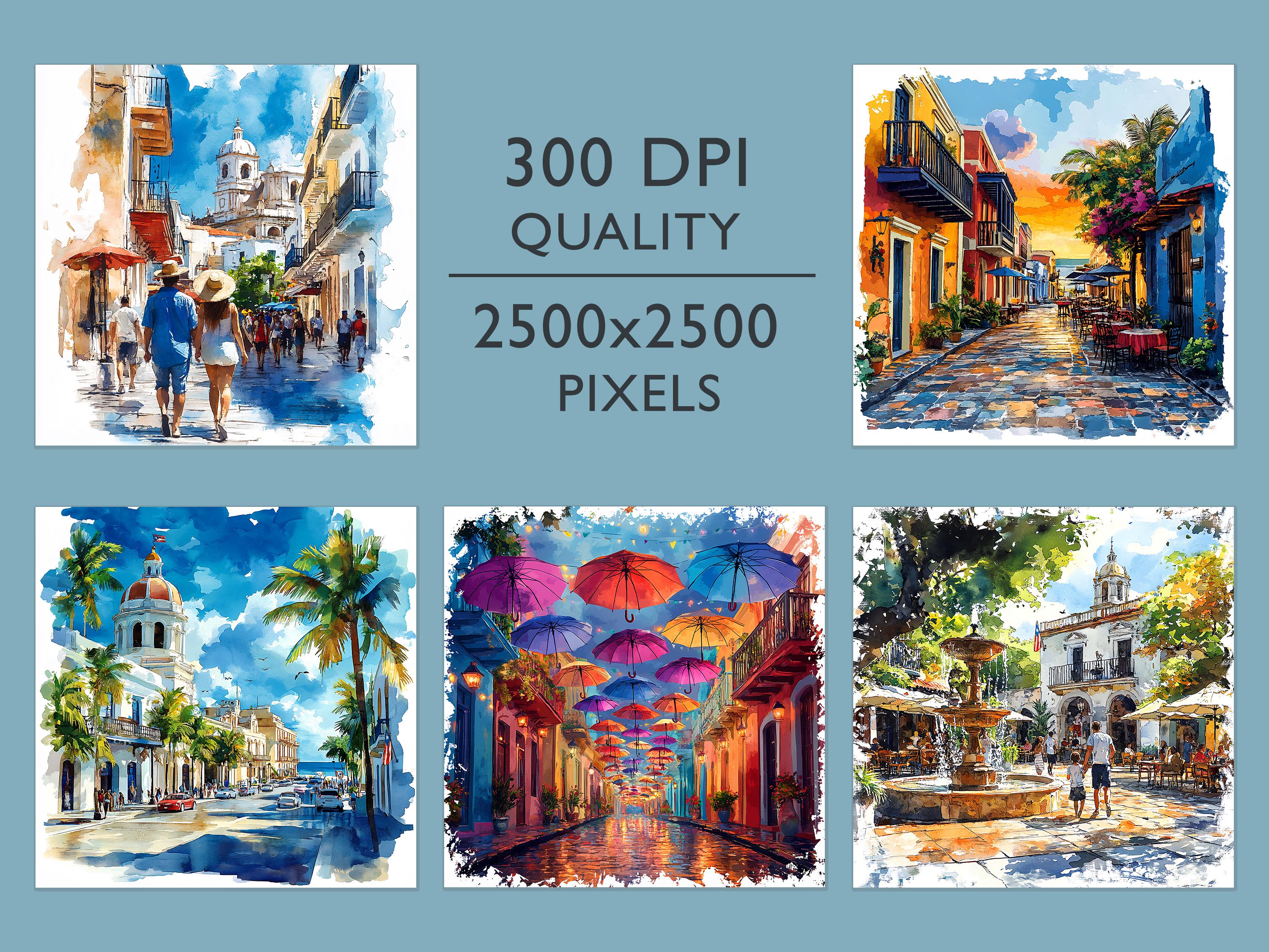 Watercolor Puerto Rico Clipart: San Juan Coastal City PNG Bundle ...