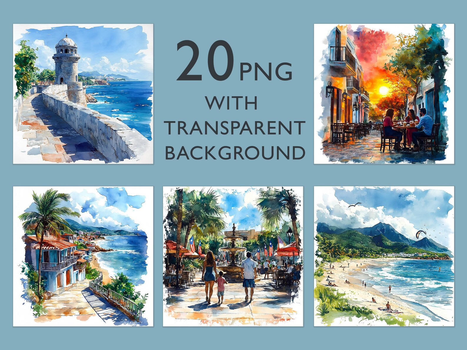Watercolor Puerto Rico Clipart: San Juan Coastal City PNG Bundle ...