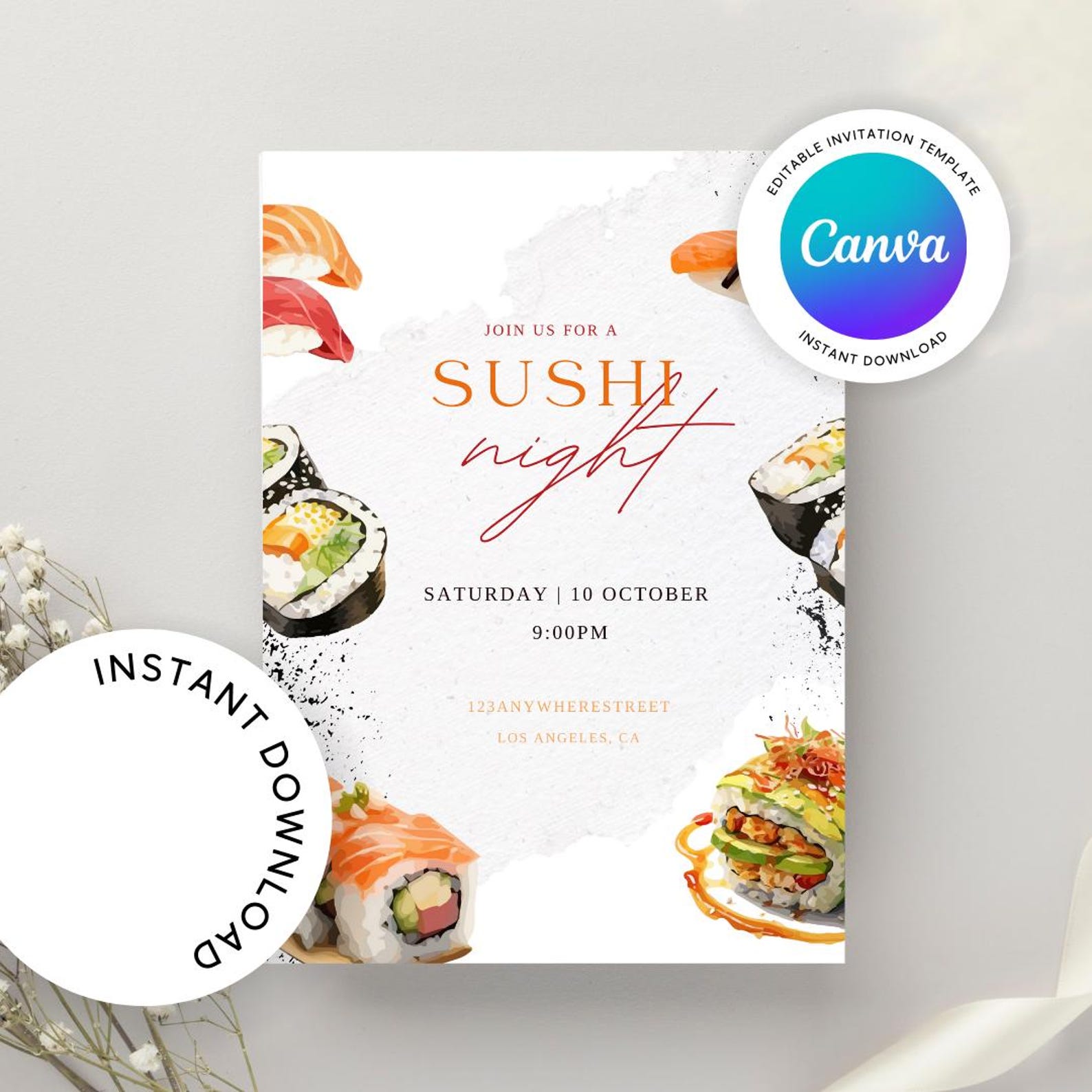 Sushi Night Invitation, Girls Night Party, Sushi Theme Invitation ...