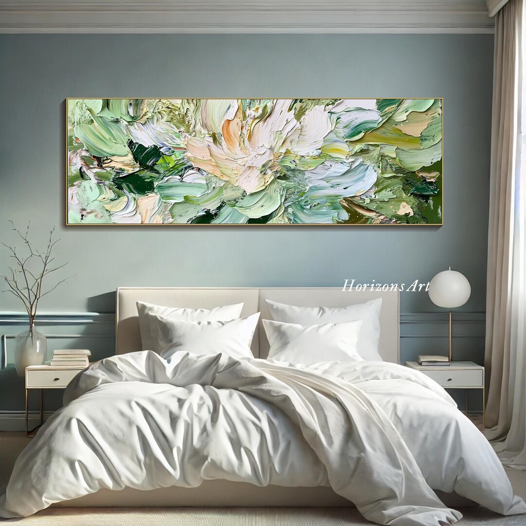 3D Horizontal Green Abstract Flower Textured Wall Art Large Long Wide ...