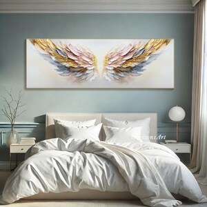 3D Horizontal Angel Wings Textured Wall Art Large Long Wide Gold & Pink ...