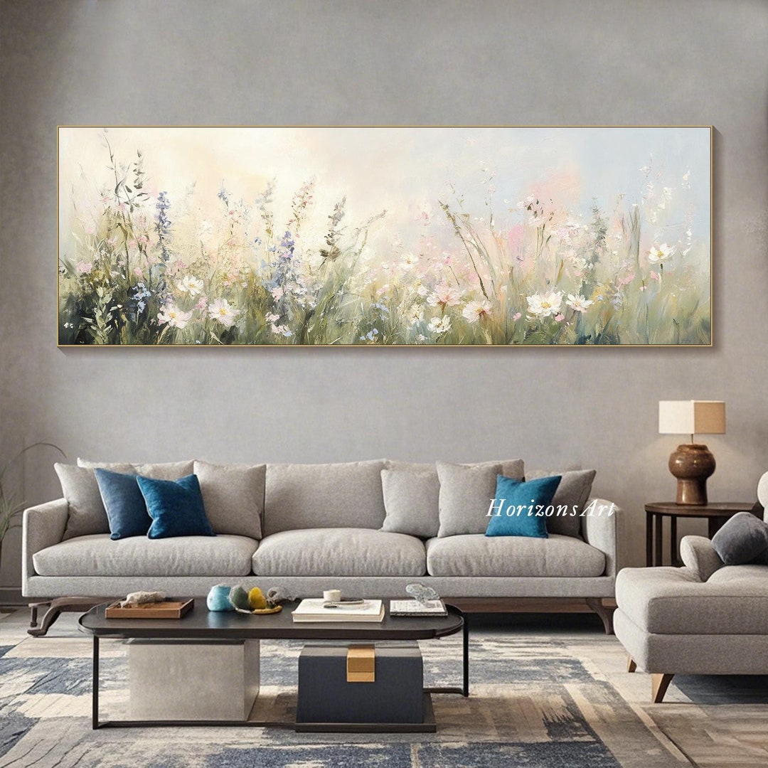 Large Long Wide Wildflower Field Painting on Canvas Horizontal Pastel ...