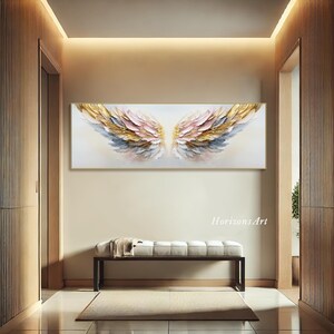3D Horizontal Angel Wings Textured Wall Art Large Long Wide Gold & Pink ...