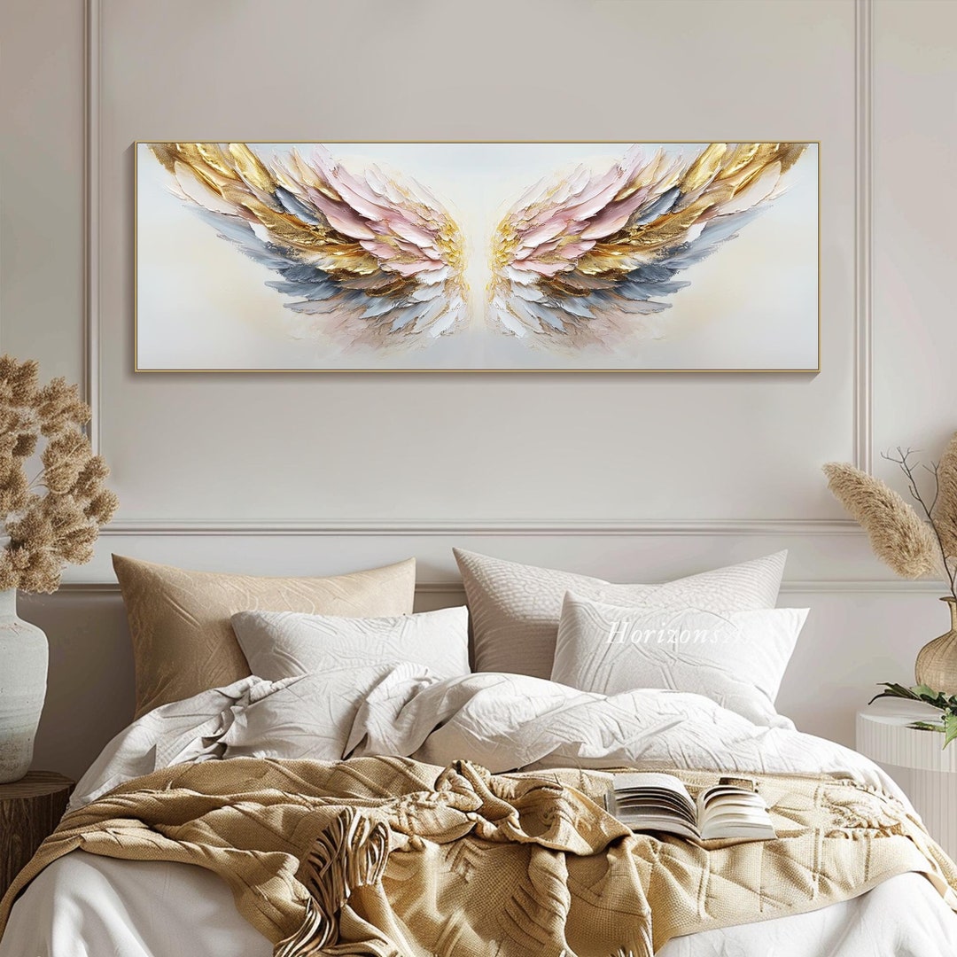 3D Horizontal Angel Wings Textured Wall Art Large Long Wide Gold & Pink ...